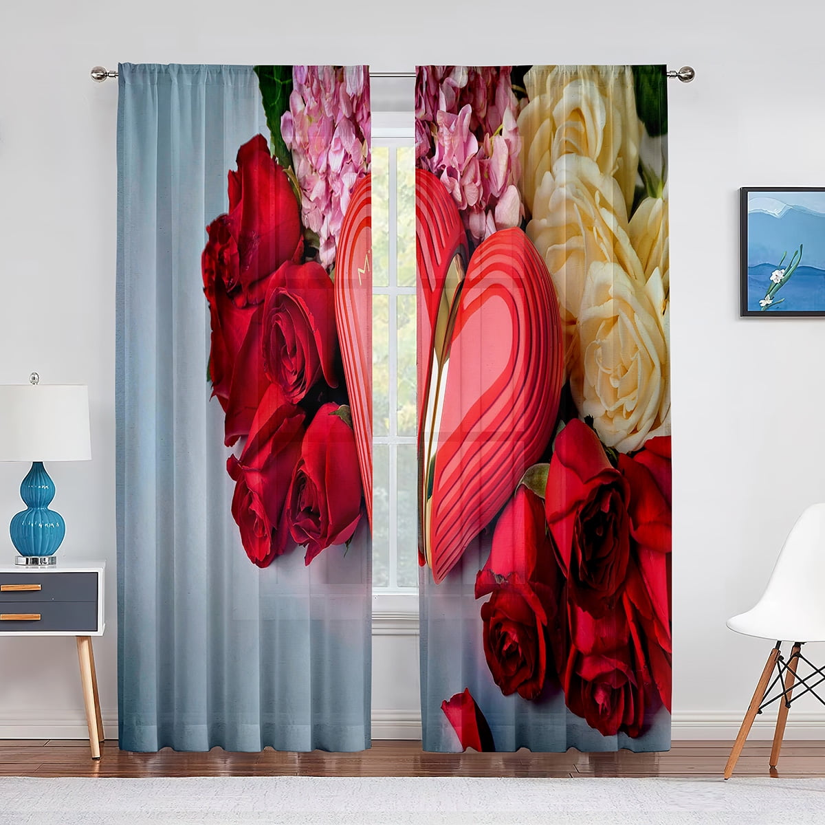 Red Rose Valentine's Day Floral Romance Tulle Sheer Window Curtains for ...