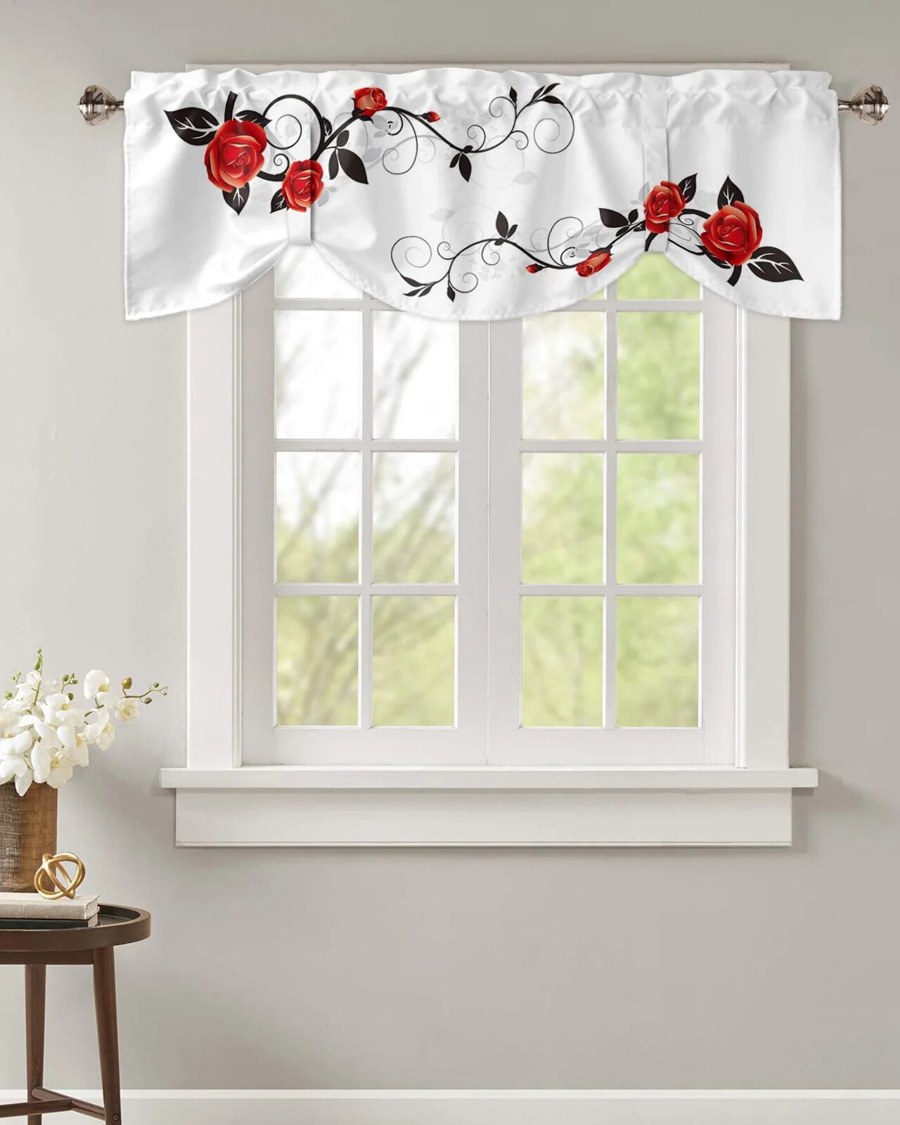 Red Rose Vine Flower Short Window Curtain Adjustable Tie Up Valance for ...