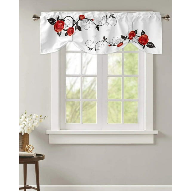 Red Rose Vine Flower Short Window Curtain Adjustable Tie Up Valance for ...