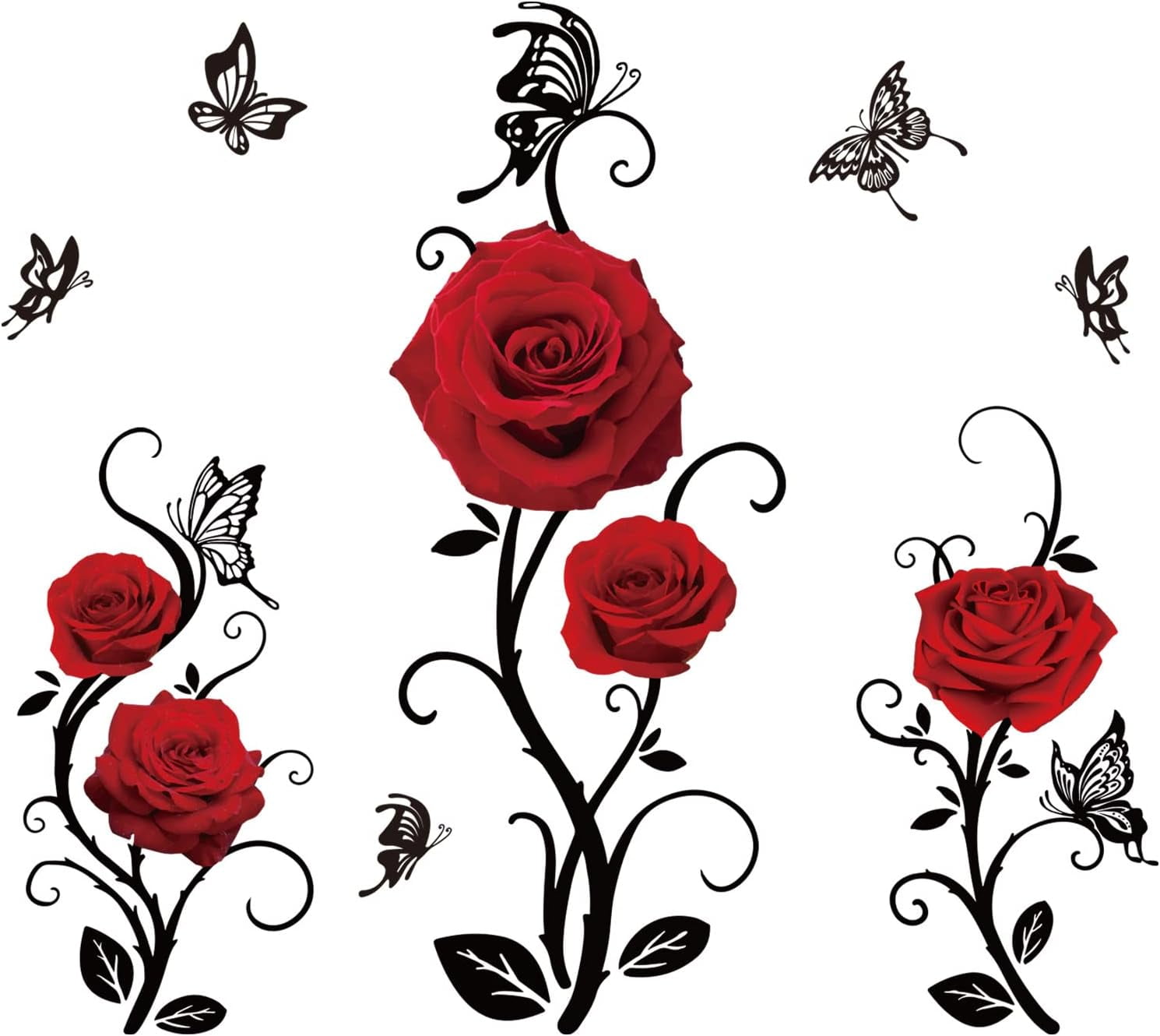 Red Rose Wall Stickers Valentine's Day Flowers Butterfly Wall Sticker ...