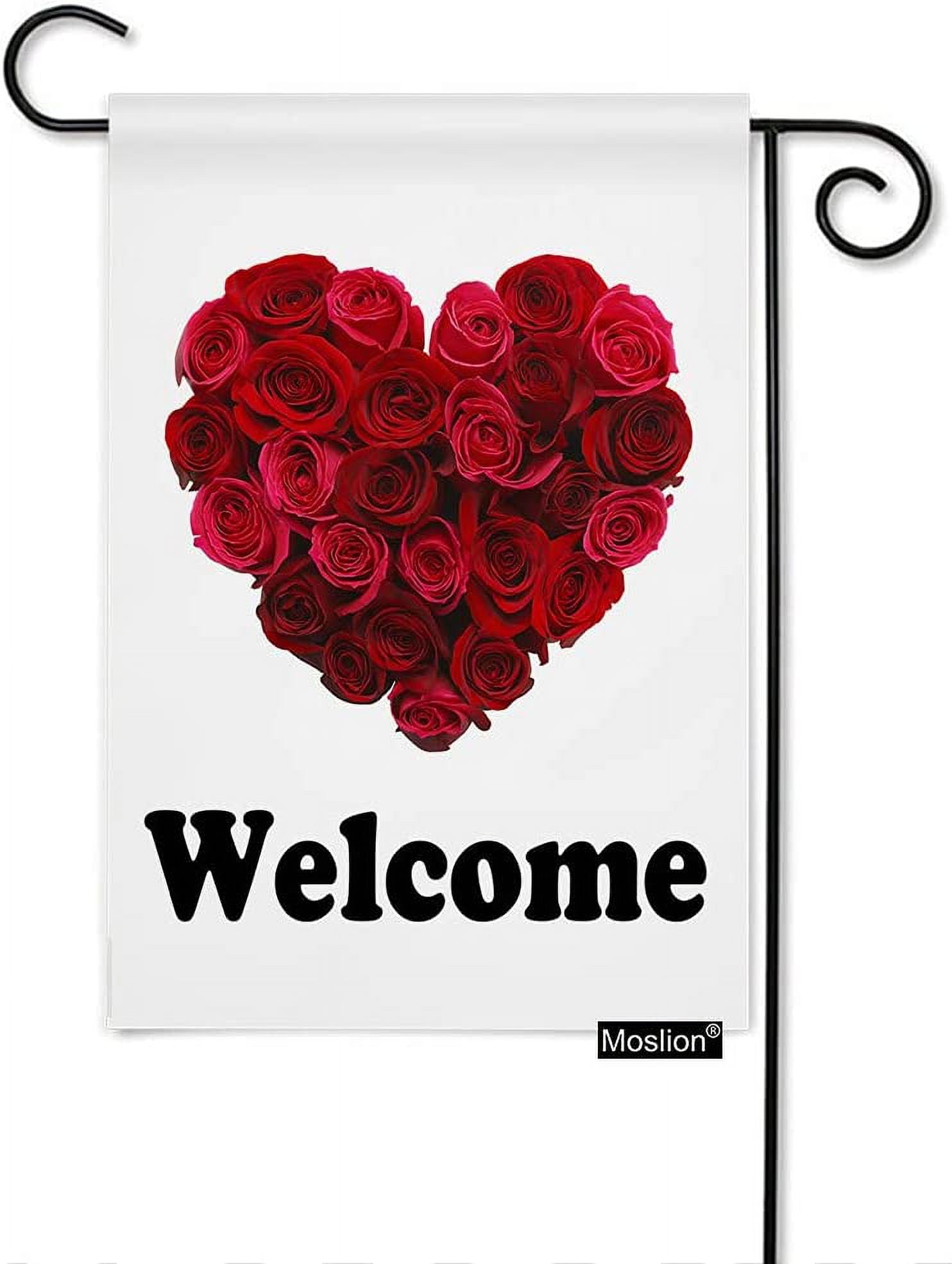 Red Rose Welcome Garden Flag 12x18 Inch Floral Flower Love Hearts For ...