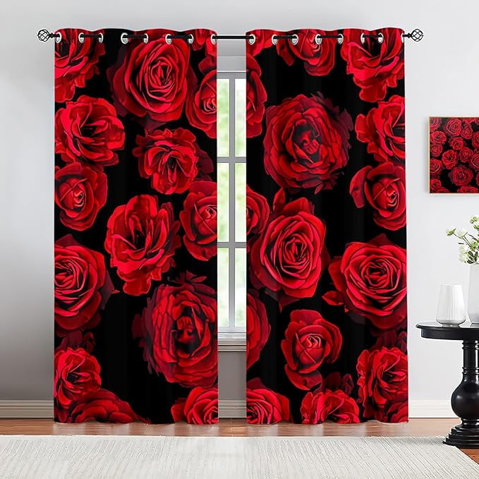 Red Rose Window Curtain Panels, Romantic Rose Curtains Set 2 Panel ...