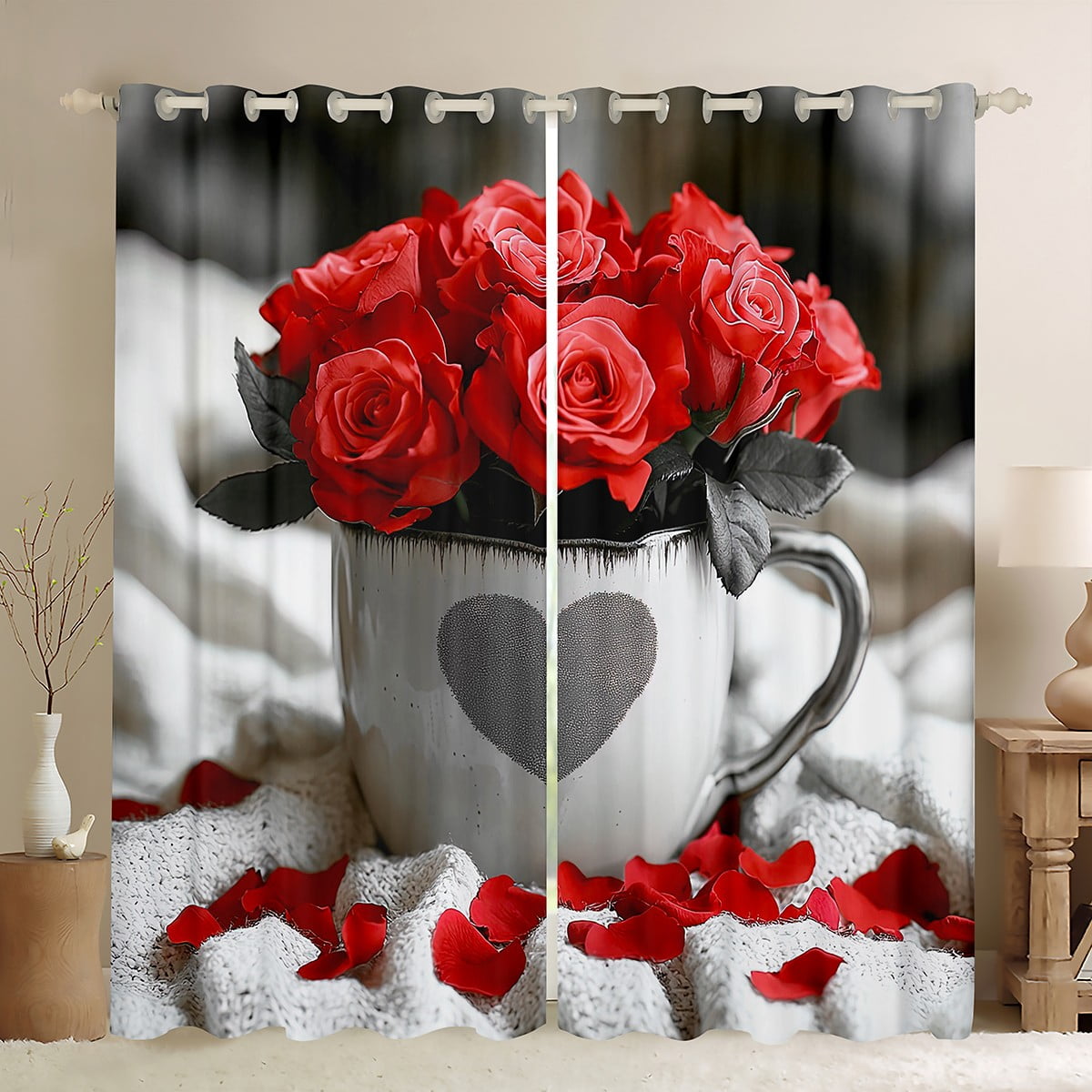 Red Rose Window Curtains Drapes Lovers Women,Vintage Farmhouse Style ...