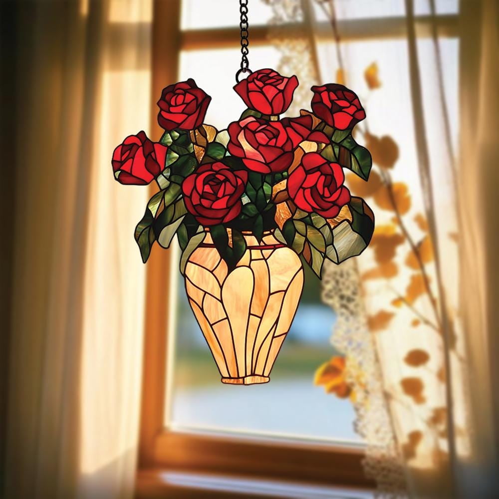 Red Rose Window Hanging Suncatcher, Faux Stained Glass Floral Ornament ...