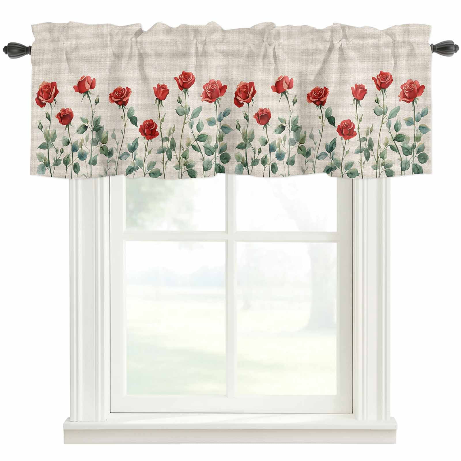 Red Rose Window Valance Curtain Linen Background Rod Pocket Short ...