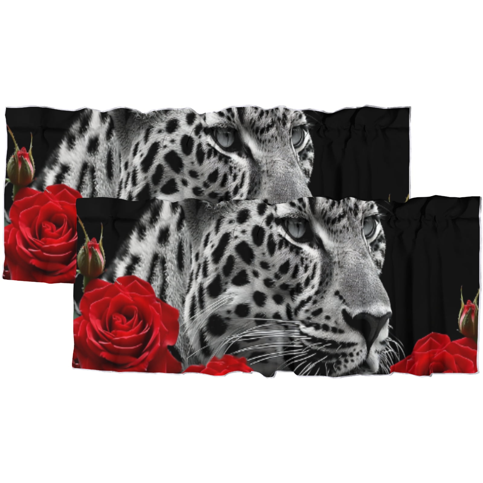 Red Rose Window Valances Cat Leopard Animal and Plant Curtain Valance ...