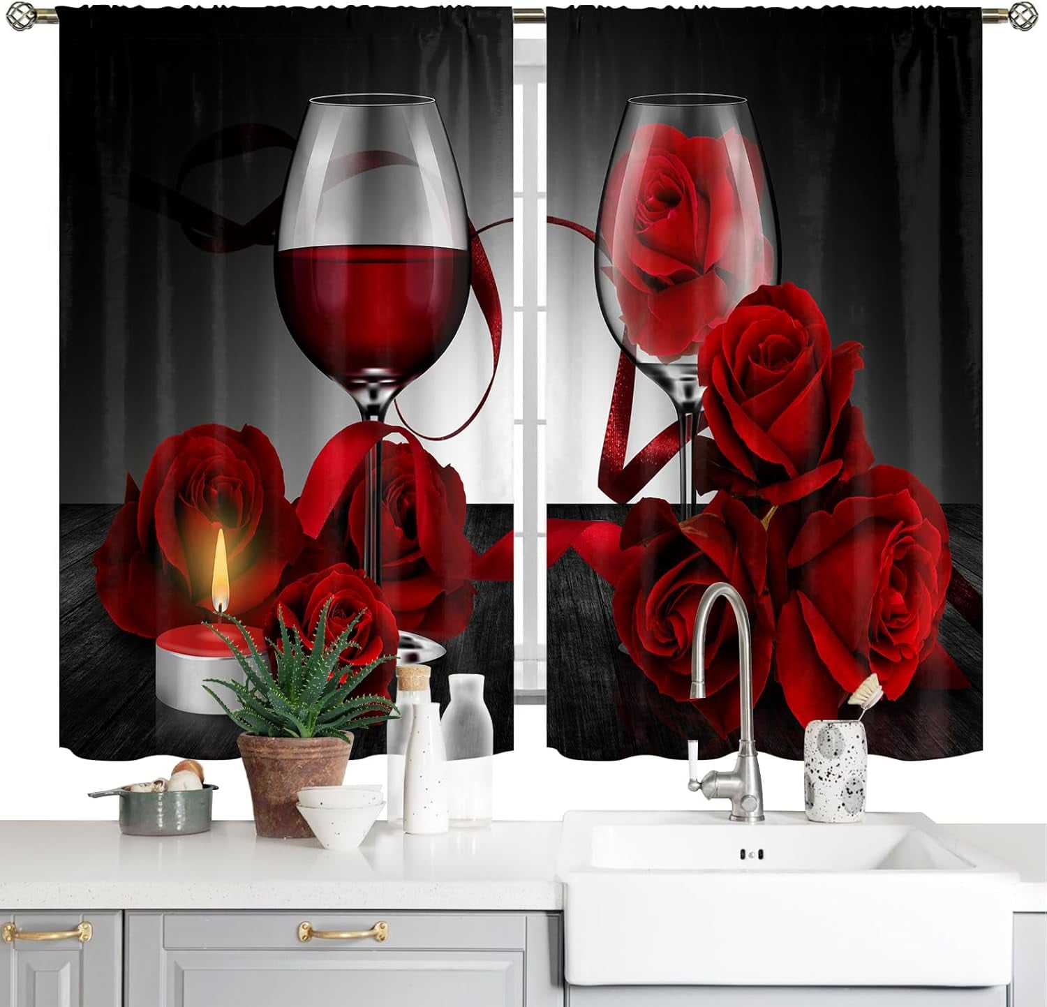 Red Rose and Wine Kitchen Curtains Rod Pocket Red Black Curtain for ...