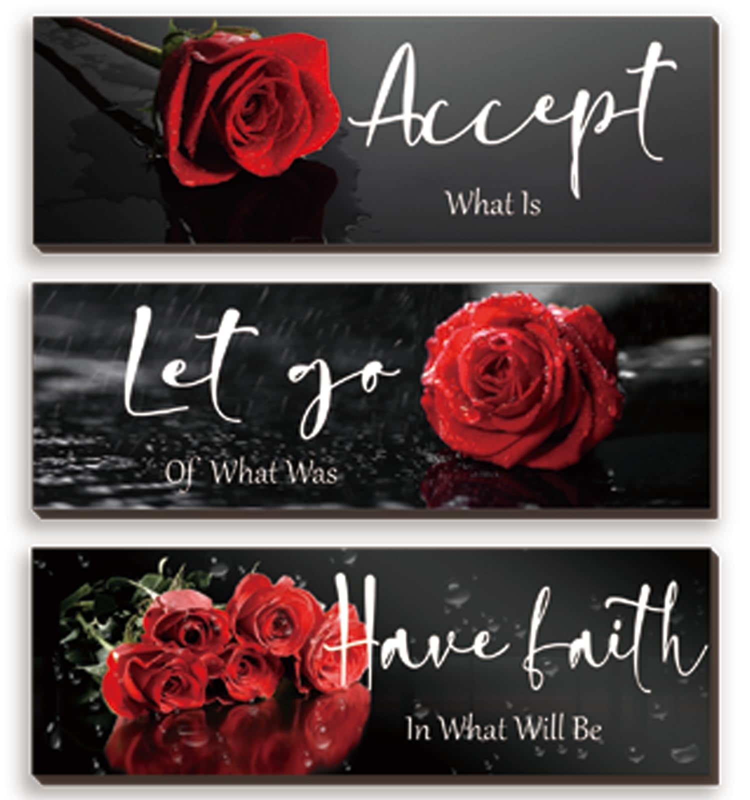 Red Rose Wooden Wall Art with Inspirational Quotes, 3 Pcs Office Decor ...