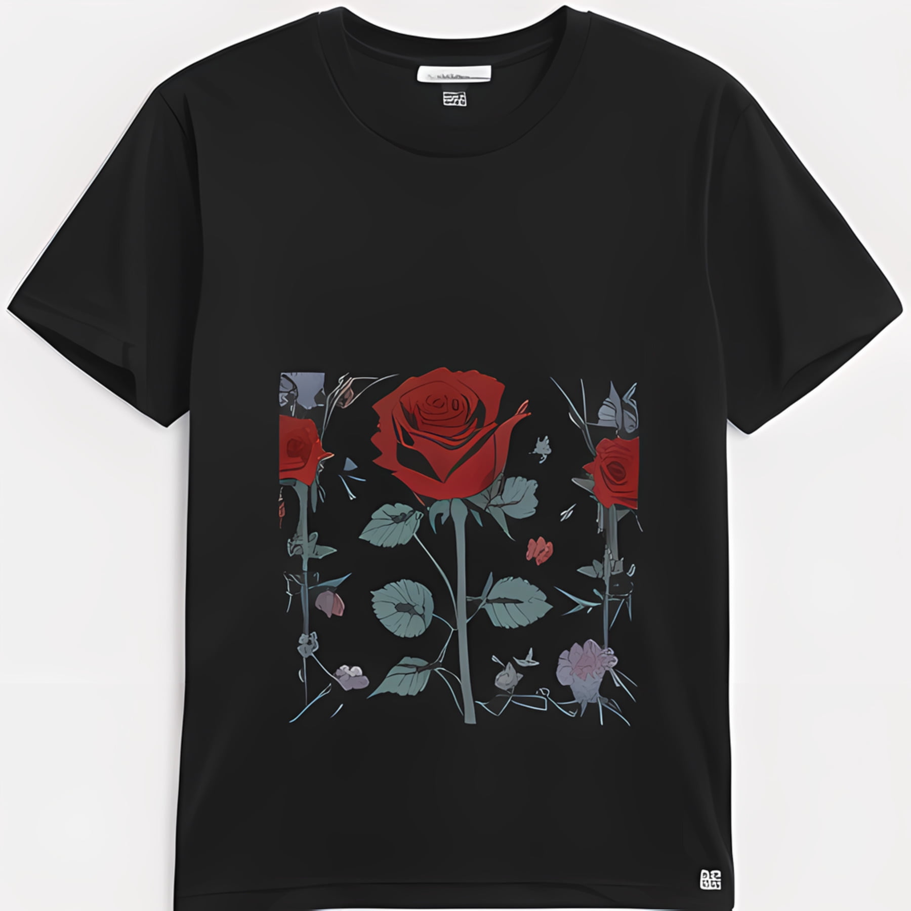 Red Rose and Leaf Illustration Black T-Shirt with Minimalist Style and Holographic Logo Inspired ...