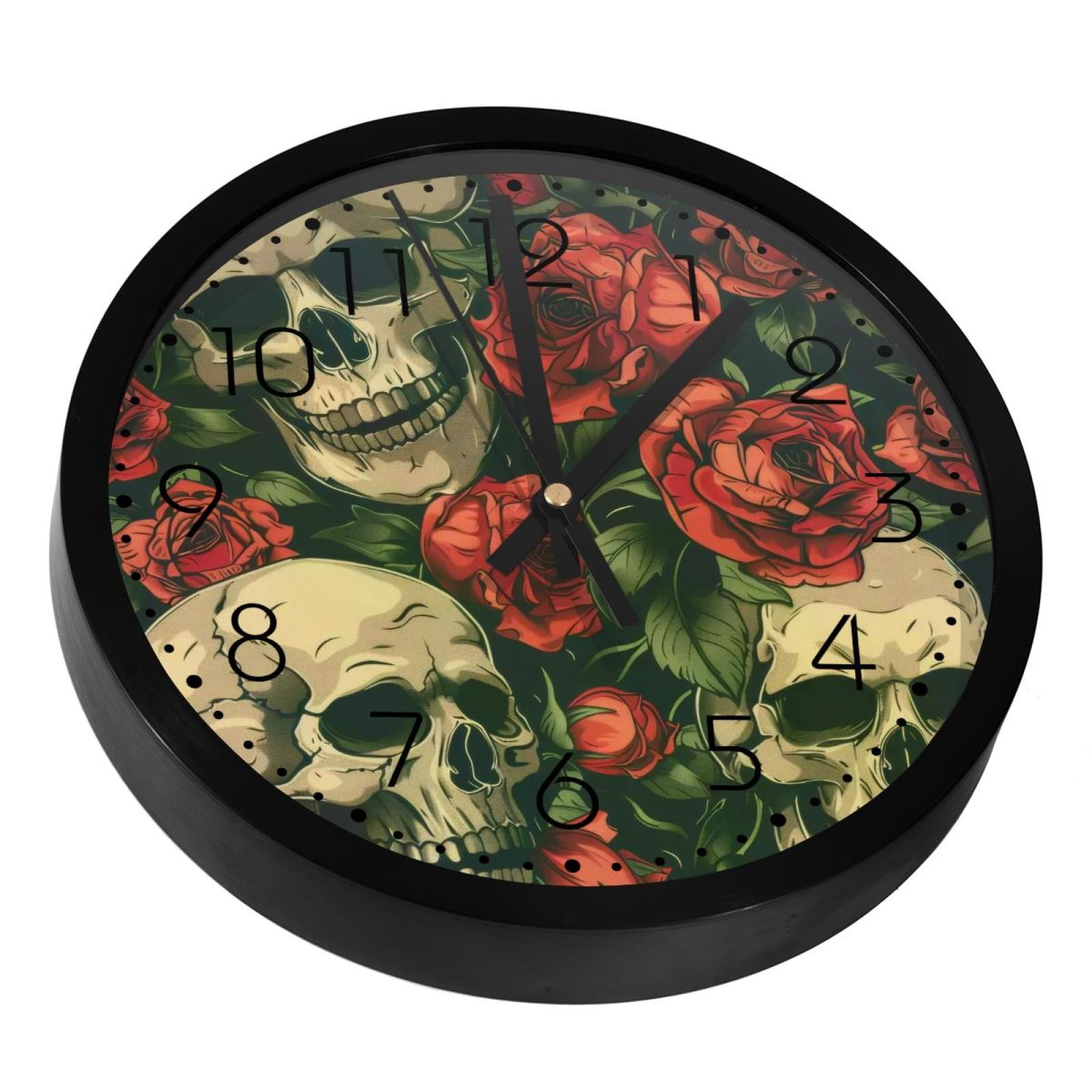Red Rose with Leave Skull Silent Wall Clock, Non Ticking Battery ...