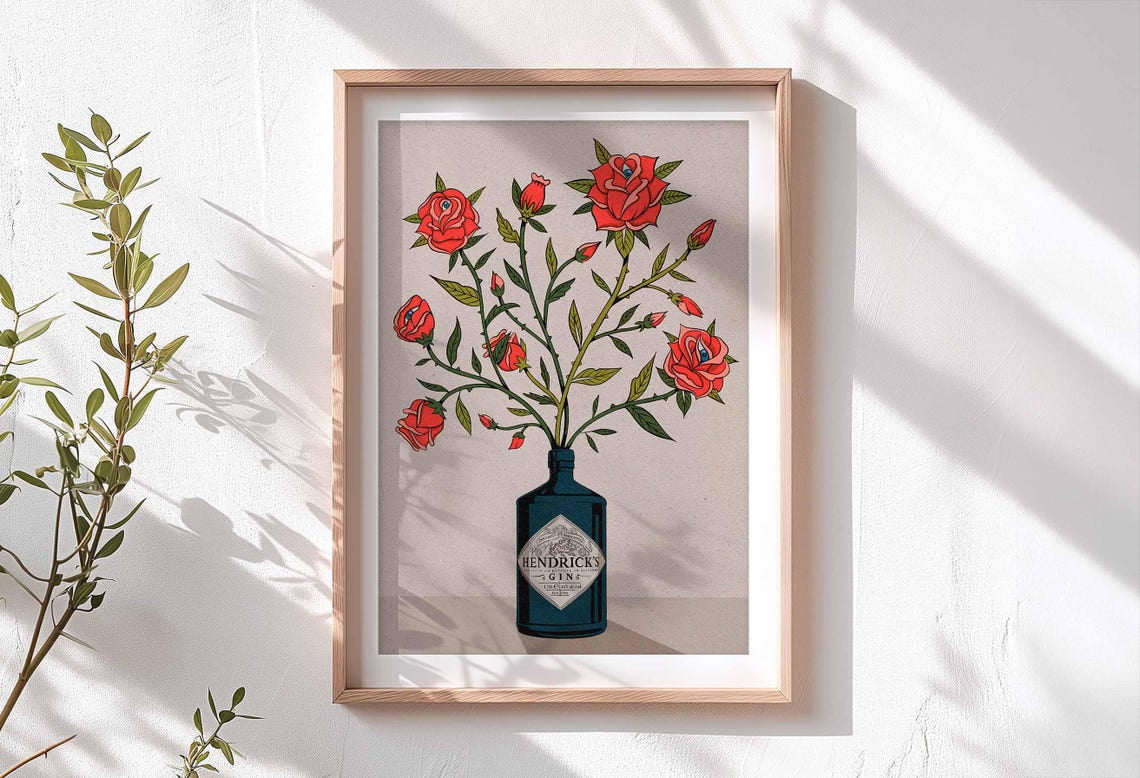 Red Roses And Gin, Wall Art Illustration Illustrated Print A3 A4 Bold ...