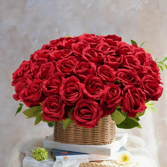 Red Roses Artificial Flowers Bulk Set - 52 Pieces with Wrapping Paper ...