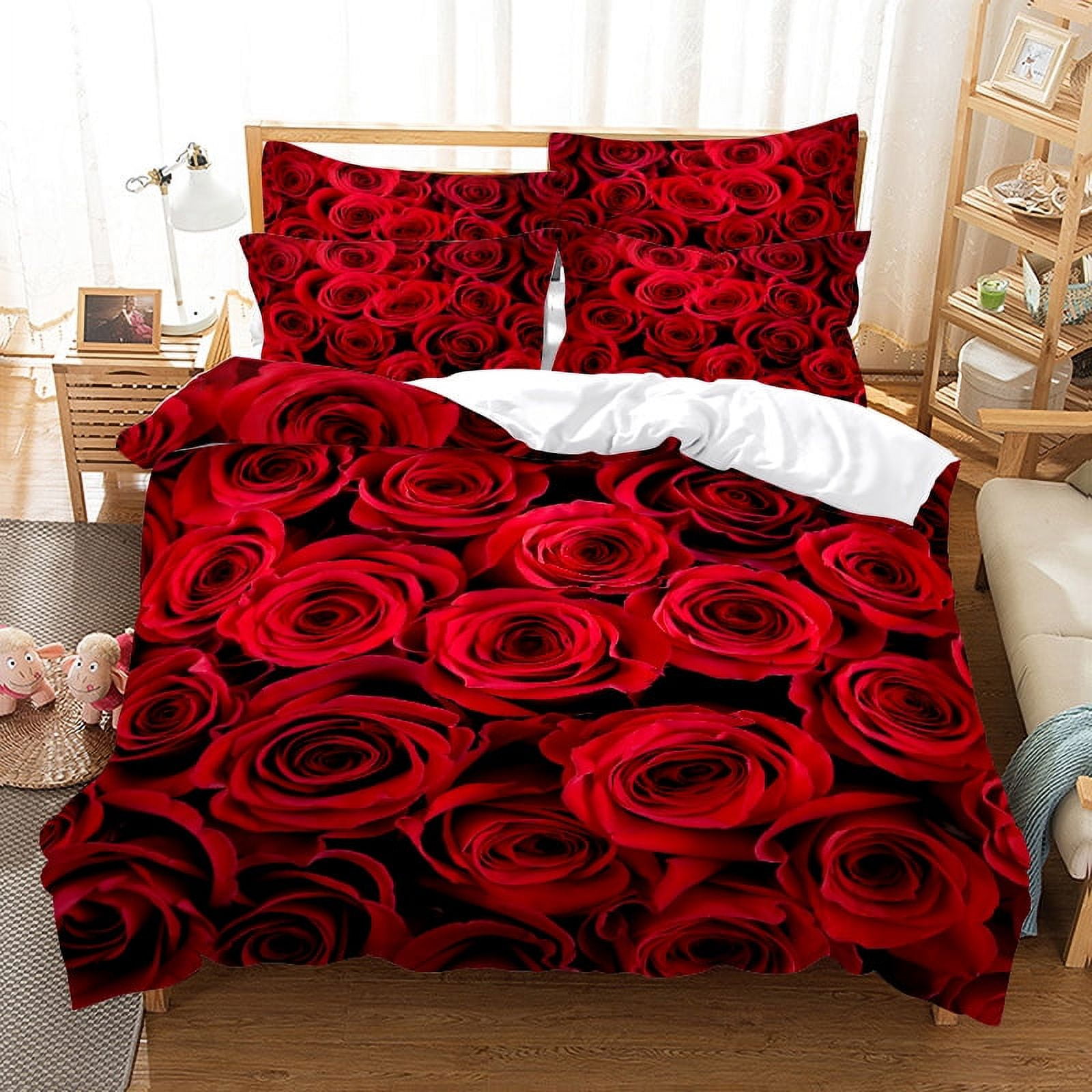 Red Roses Bedding Set Luxury Rose Floral Duvet Cover For Girls Women