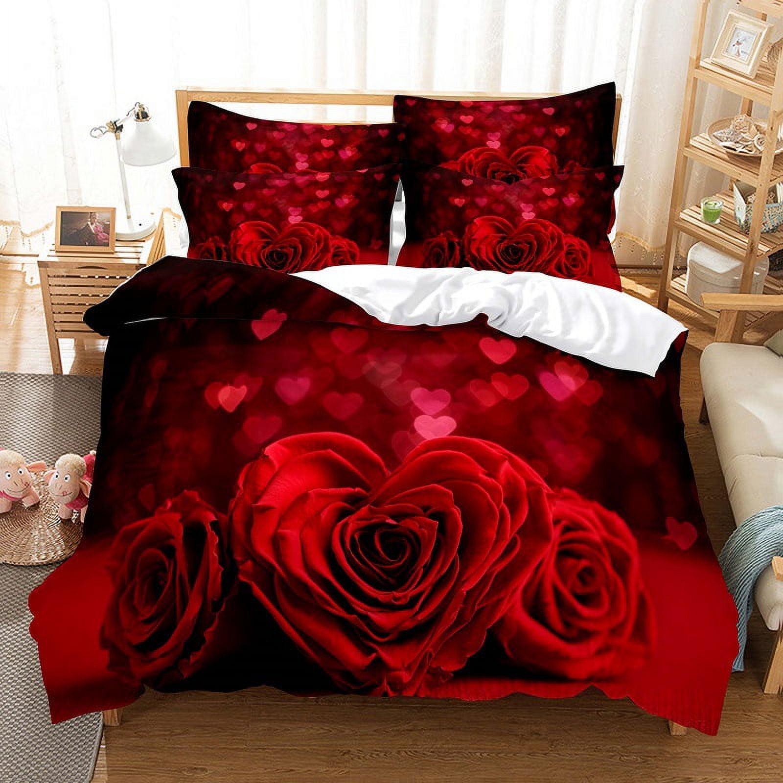 Red Roses Bedding Set Luxury Rose Floral Duvet Cover For Girls Women ...