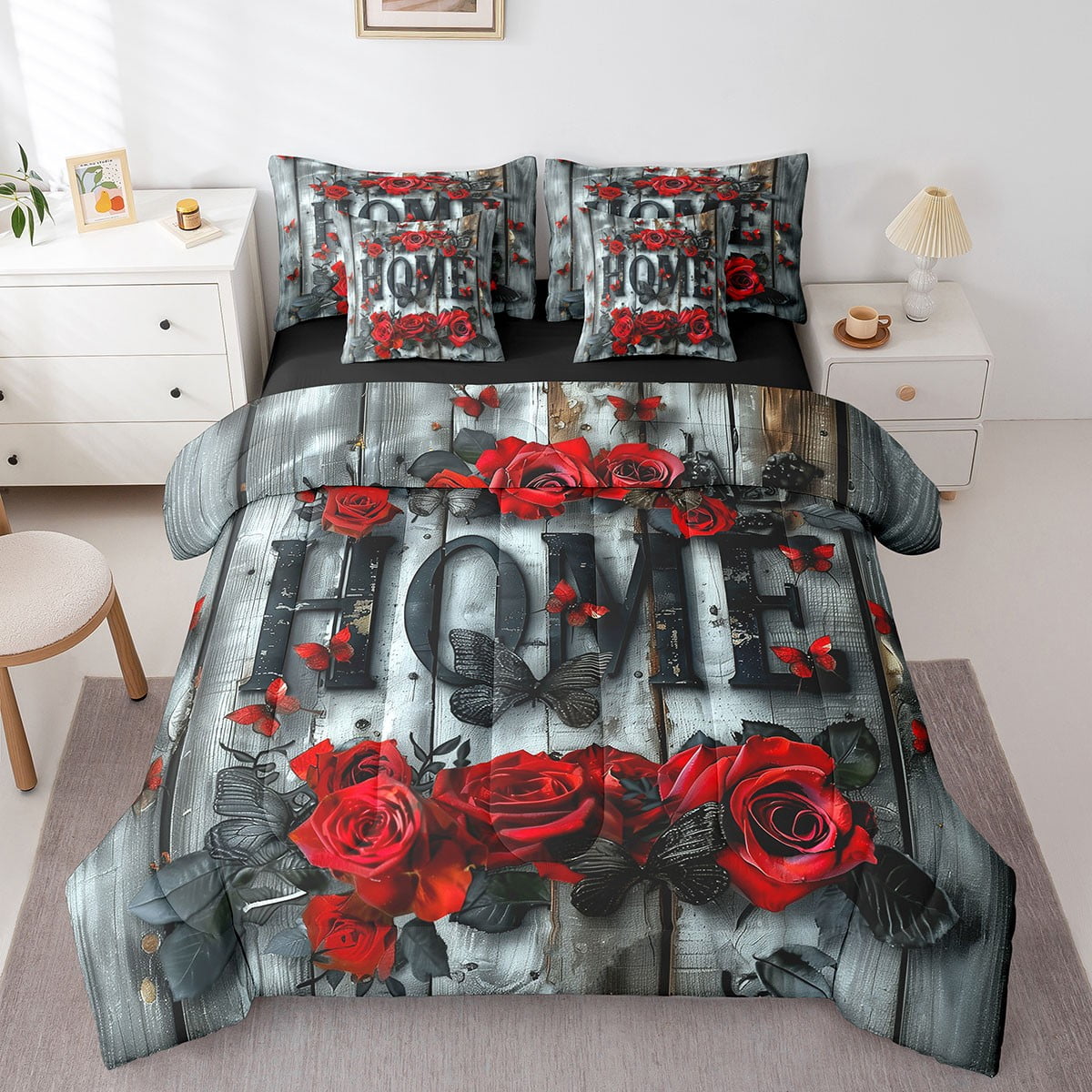 Red Roses Comforter Set King,Rustic Farmhouse Teal Wooden Board Bedding ...