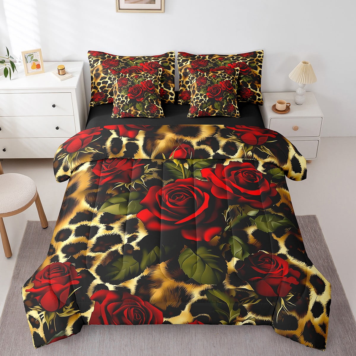 Red Roses Comforter Set Twin,Artistic Brown Leopard 3D Print Bedding ...