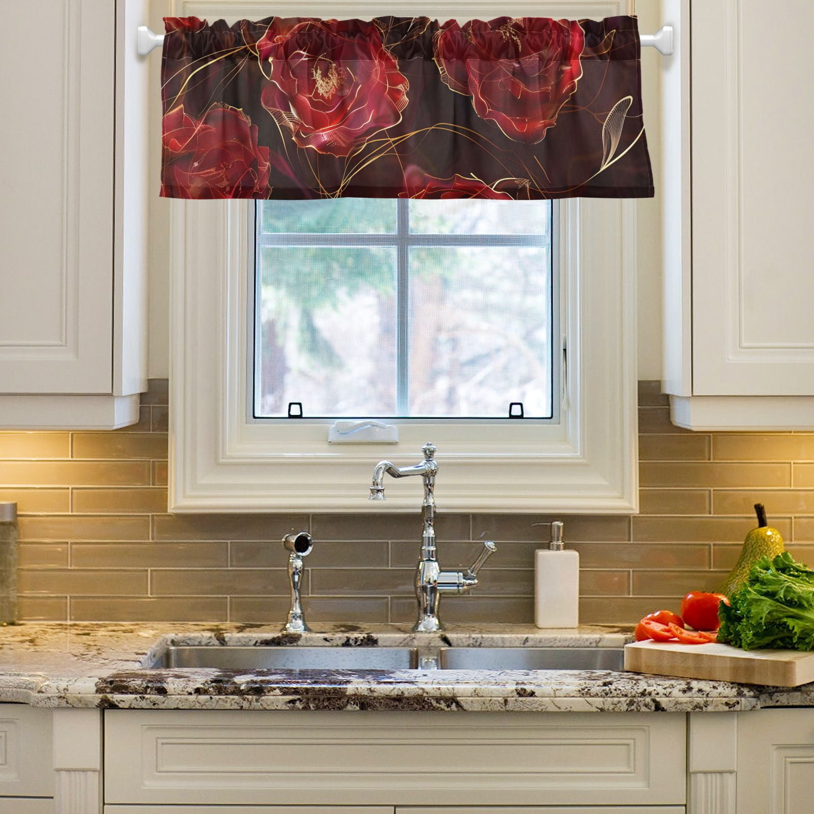 Red Roses Curtain Valances Farmhouse Design Window Treatment Decor ...