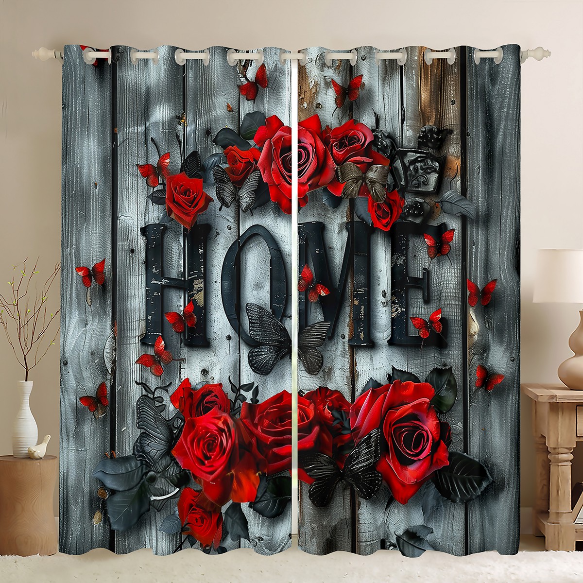 Red Roses Curtains for Living Room,Rustic Farmhouse Teal Wooden Board ...