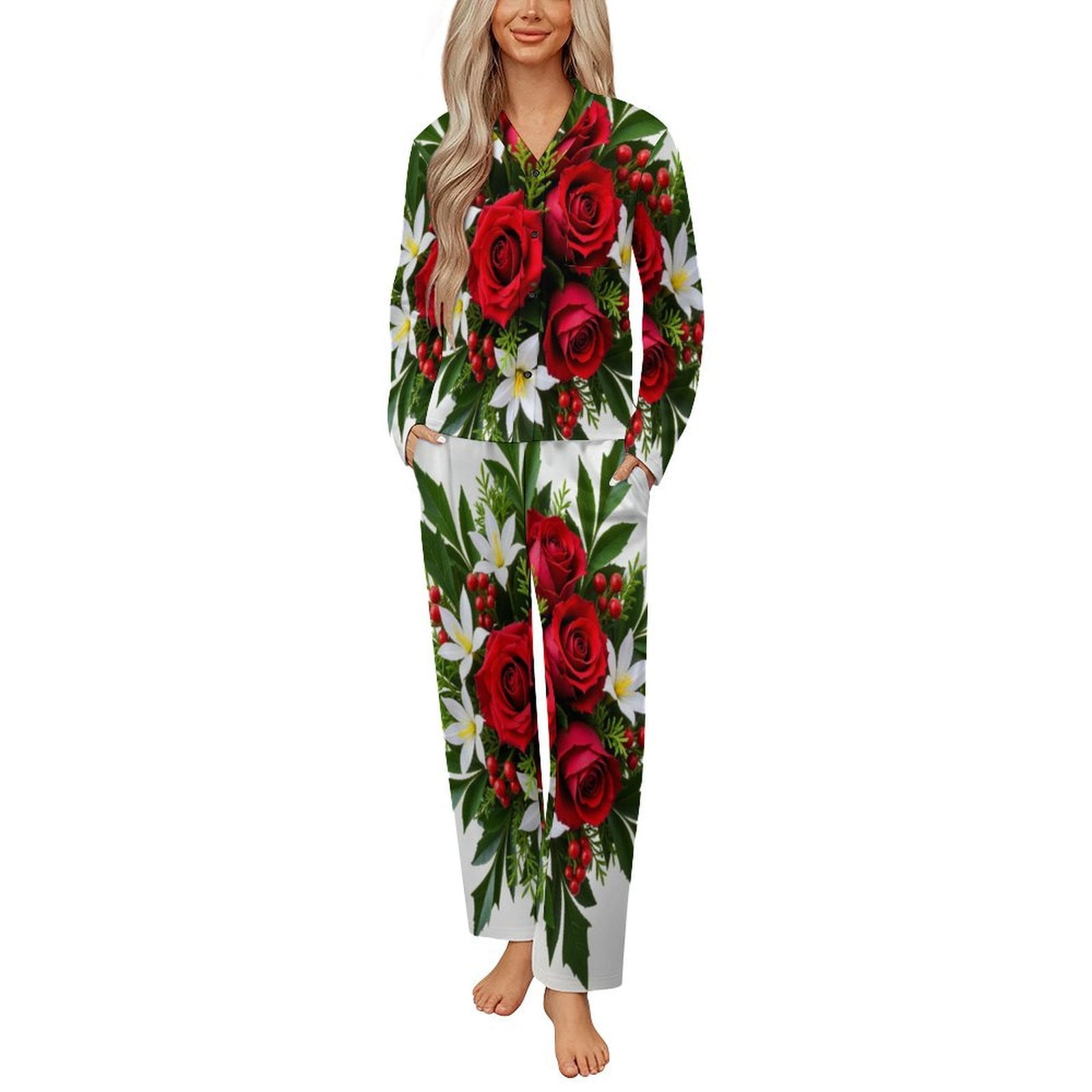 Red Roses Floral Arrangement Womens Pyjamas Set Button Up Pyjamas ...