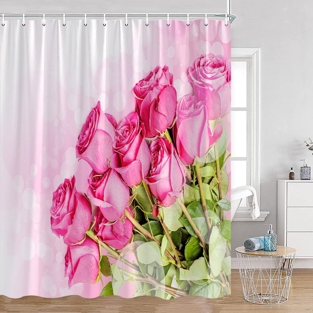 Red Roses Floral Shower Curtain Romantic Flower Plant Love Romance Bath Curtain Polyester Modern ...