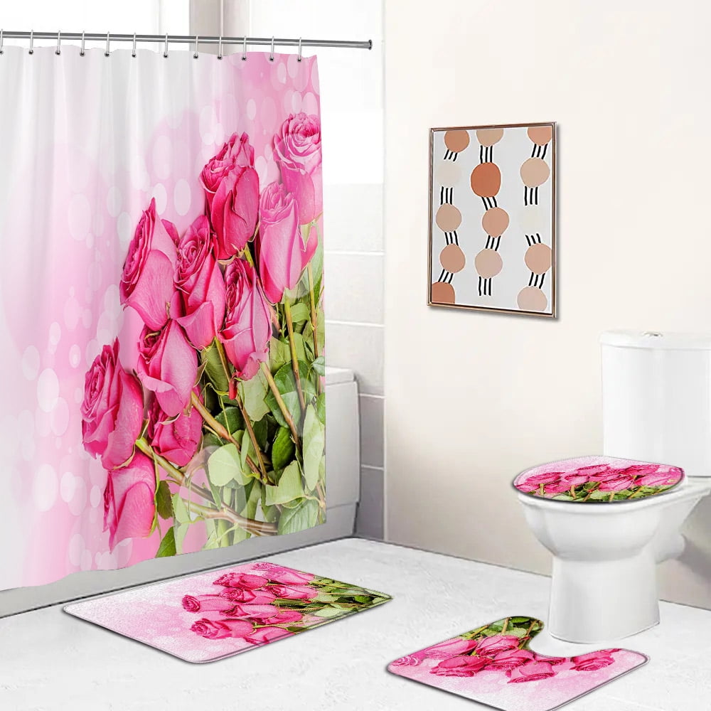 Red Roses Floral Shower Curtain Set Romantic Flower Plant Love Romance ...