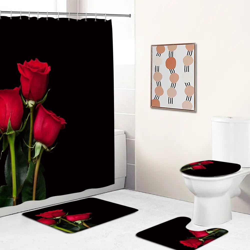 Red Roses Floral Shower Curtain Set Romantic Flower Plant Love Romance ...