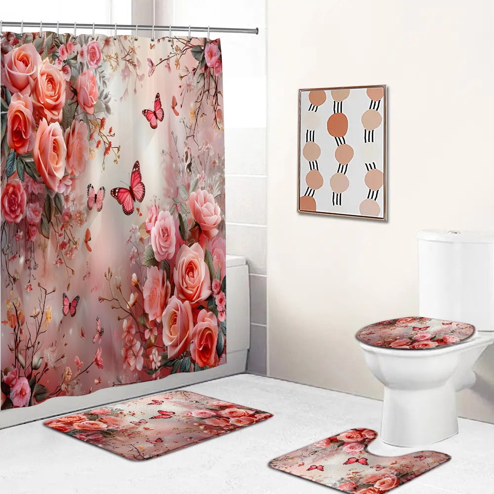 Red Roses Floral Shower Curtain Set Romantic Flower Plant Love Romance ...
