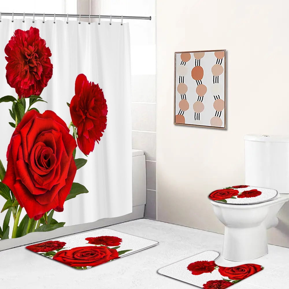 Red Roses Floral Shower Curtain Set Romantic Flower Plant Love Romance ...