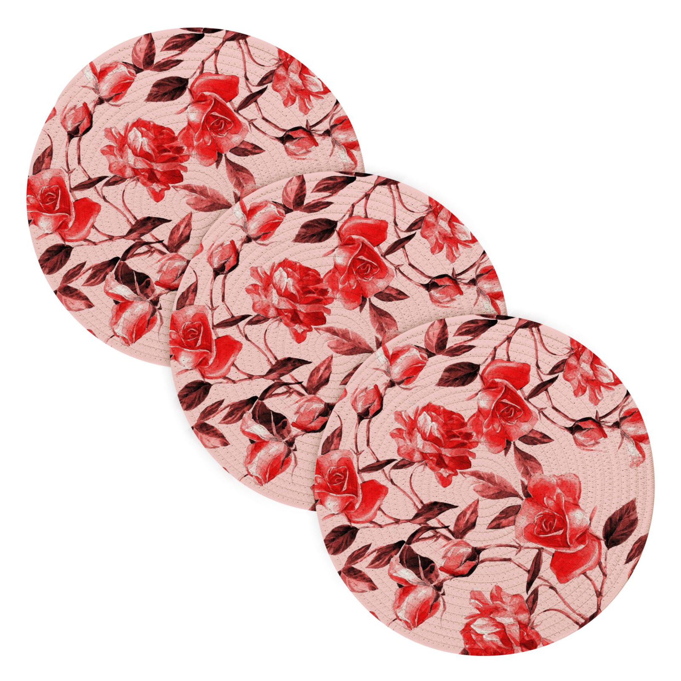 Red Roses Flowers 3 PCs Pot Holders Trivets Kitchen 15" Cotton Pans Hot ...