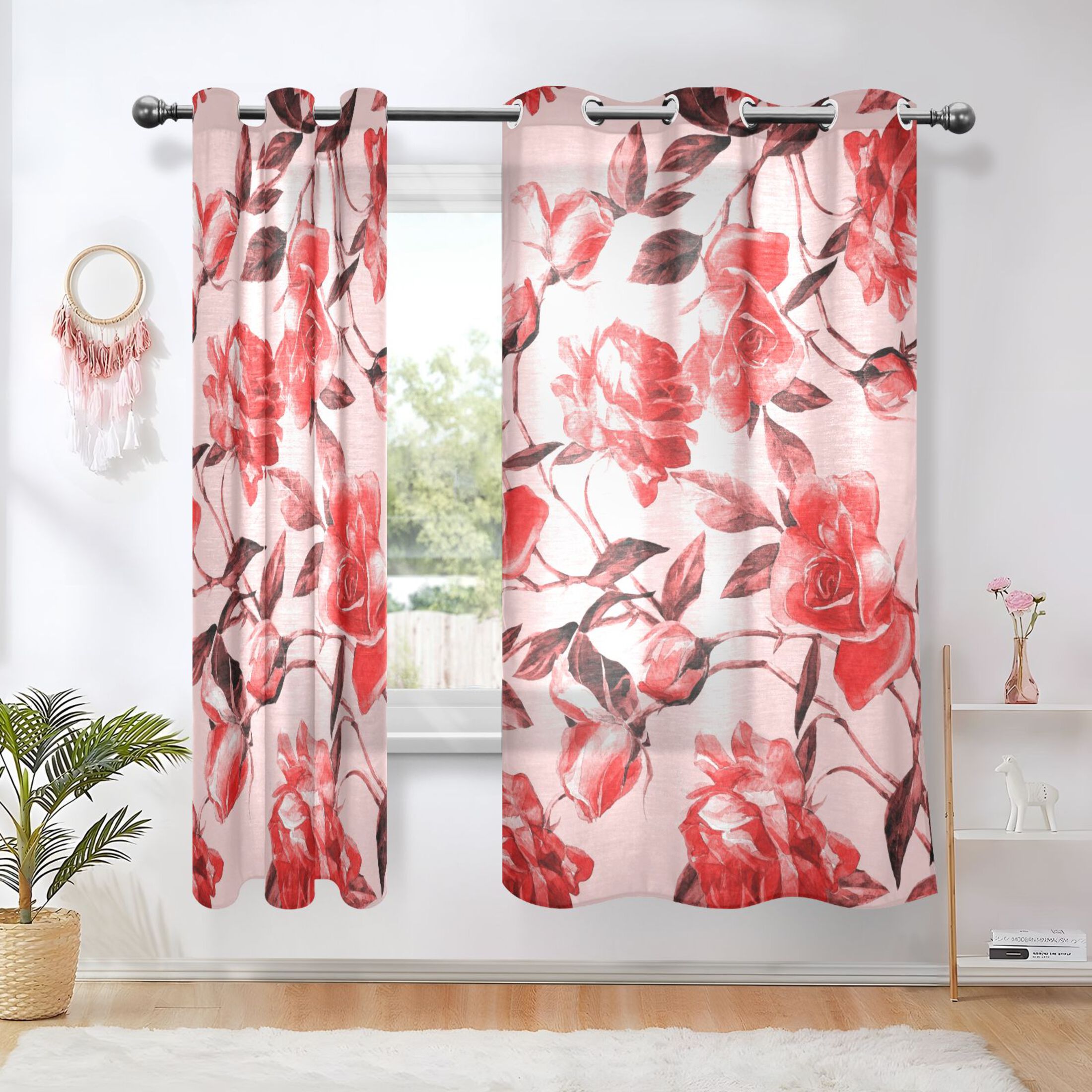 Red Roses Flowers Semi Sheer Curtains 2 Panels Faux Linen Voile Sheer ...