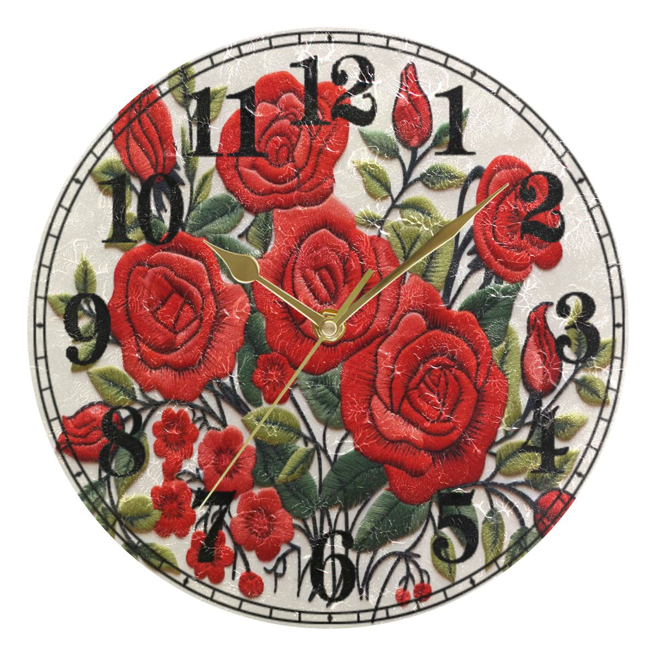 Red Roses Flowers Silent Wall Clock 10" Non-Ticking Battery Clock ...