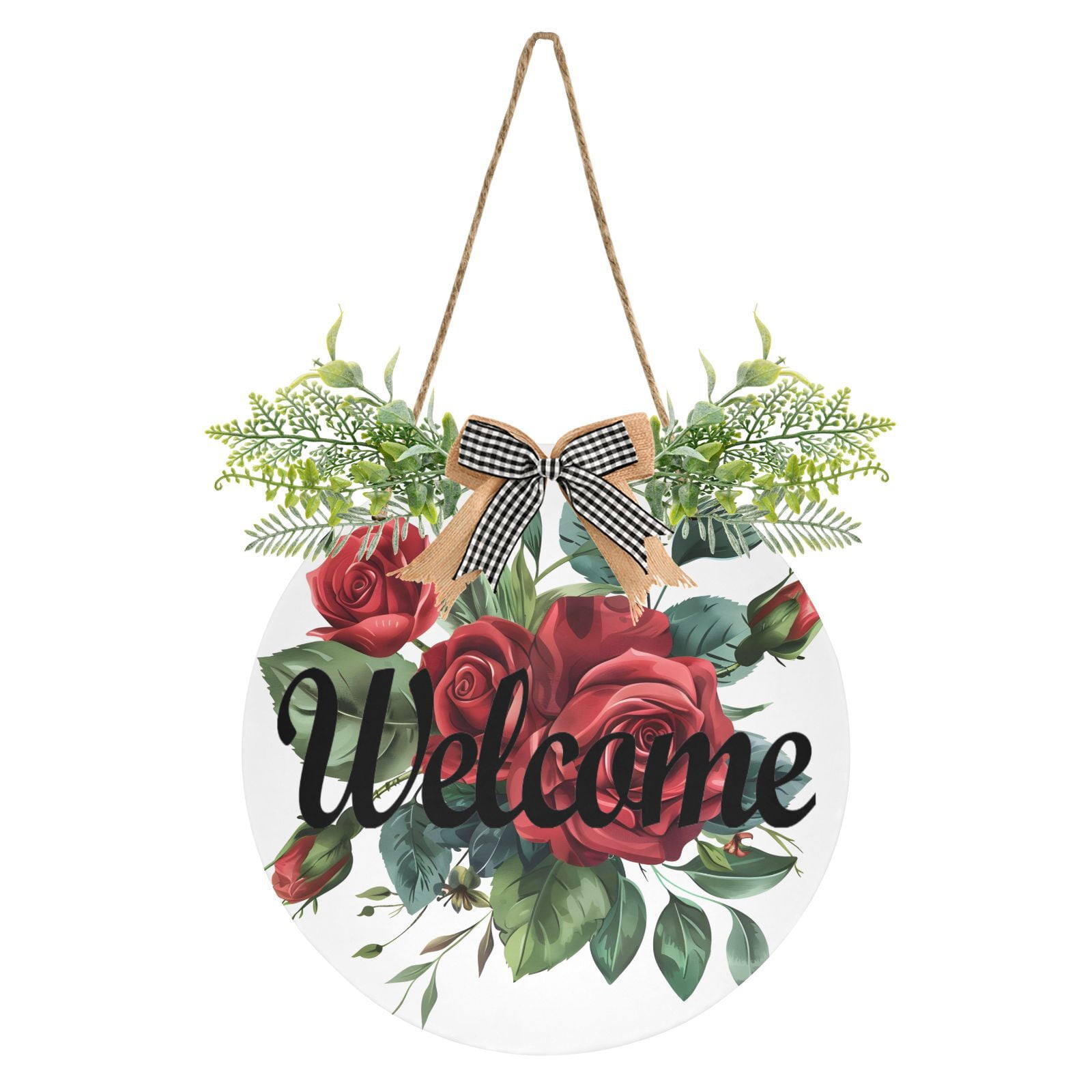Red Roses Green Leaves Flowers Welcome Sign for Front Door Wreath Door ...