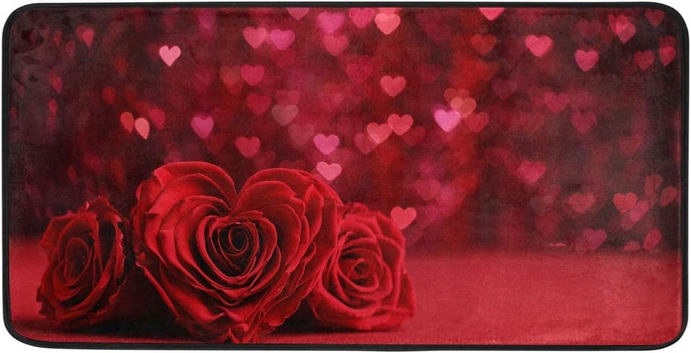 Red Roses Kitchen Rug Flowers Hearts Door Mat Red Flowers Bath Rug Home ...