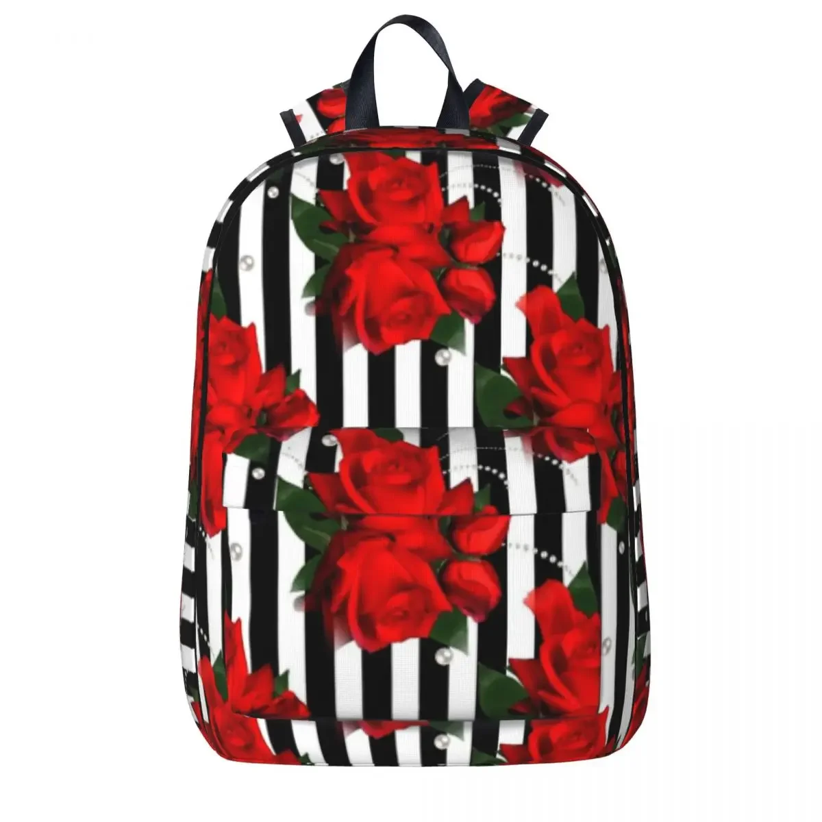 Red Roses On Black And White Stripe Backpack Book bag Shoulder Bag ...
