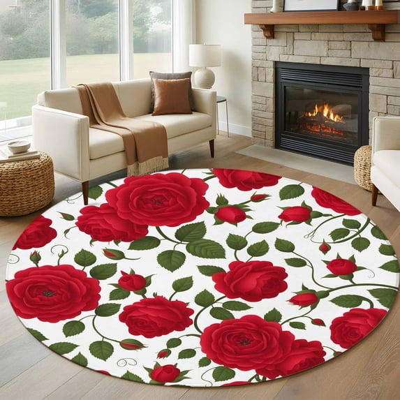 Red Roses Round Rug 7ft Washable Circle Rugs Non Slip Valentine's Day ...