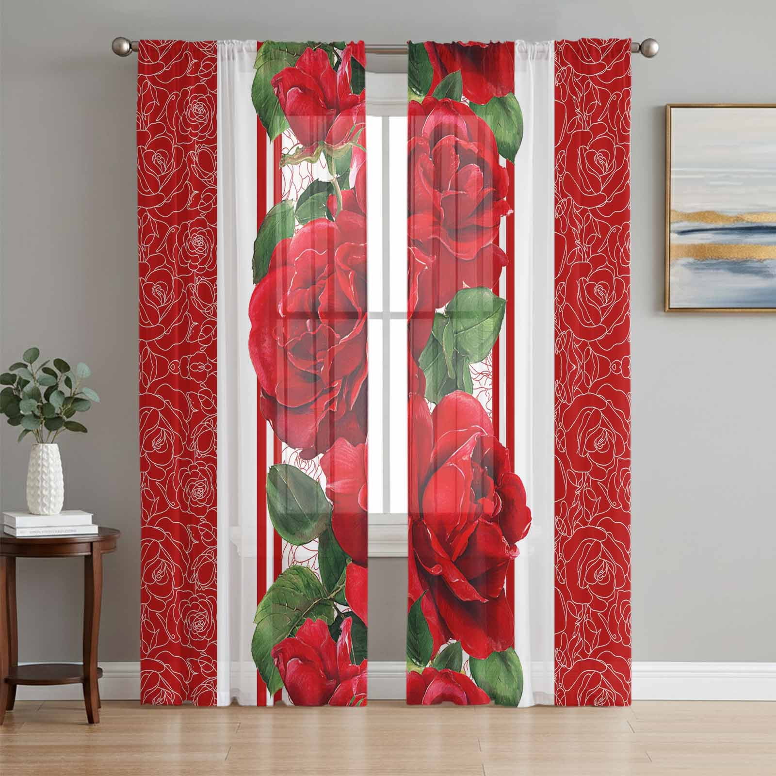 Red Roses Sheer Curtains 72 Inch Length 2 Panels Set Window Treatments ...