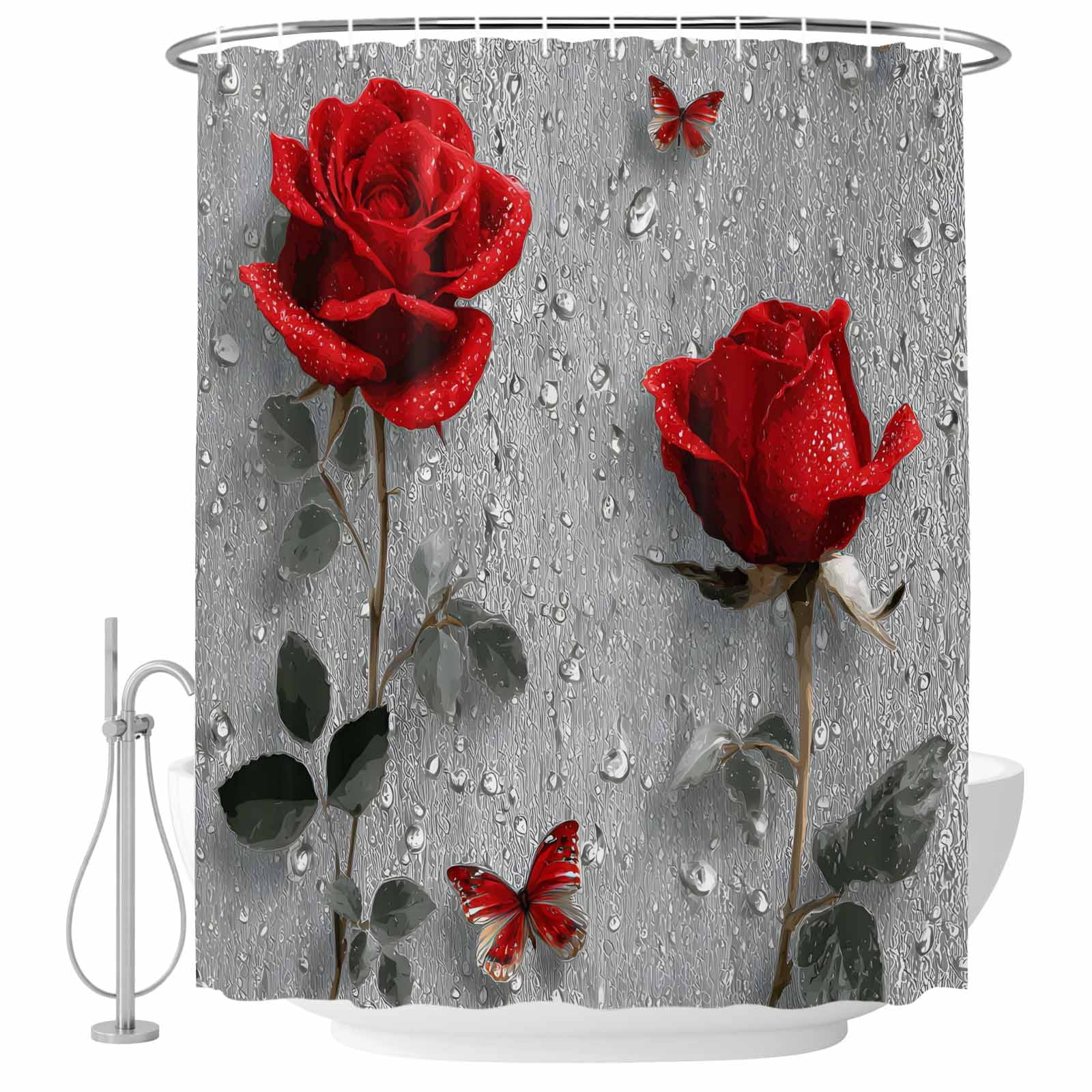Red Roses Shower Curtain Set - Extra Long 72" x 96" Washable Bathtub ...