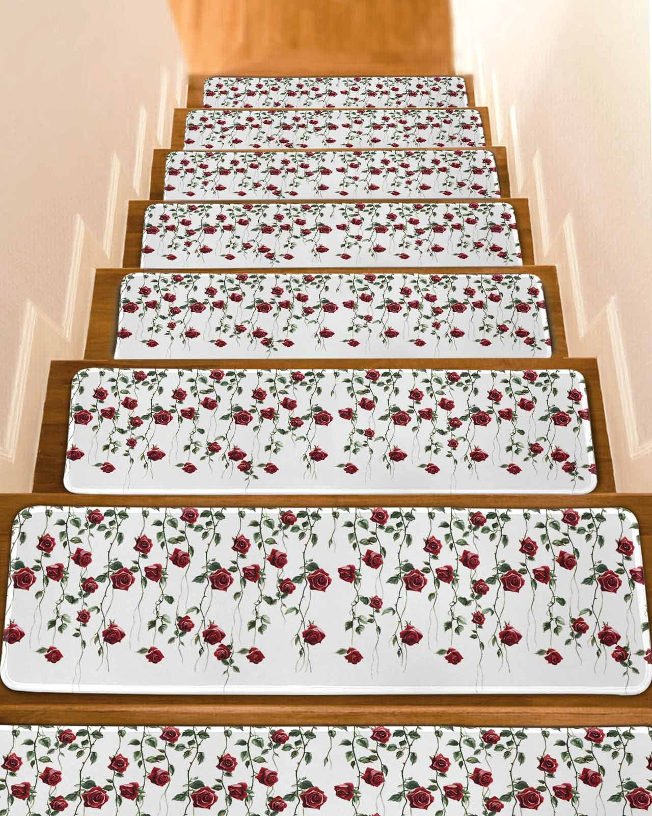 Red Roses Stair Treads for Wooden Steps Indoor Runner Rug Carpet ...