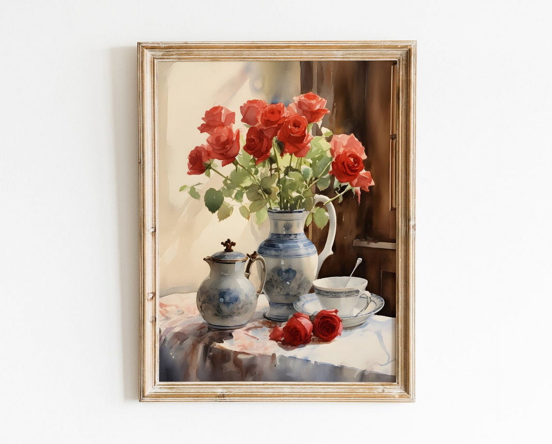Red Roses Still Life Painting, Vintage Kitchen Poster, Moody Still Life ...