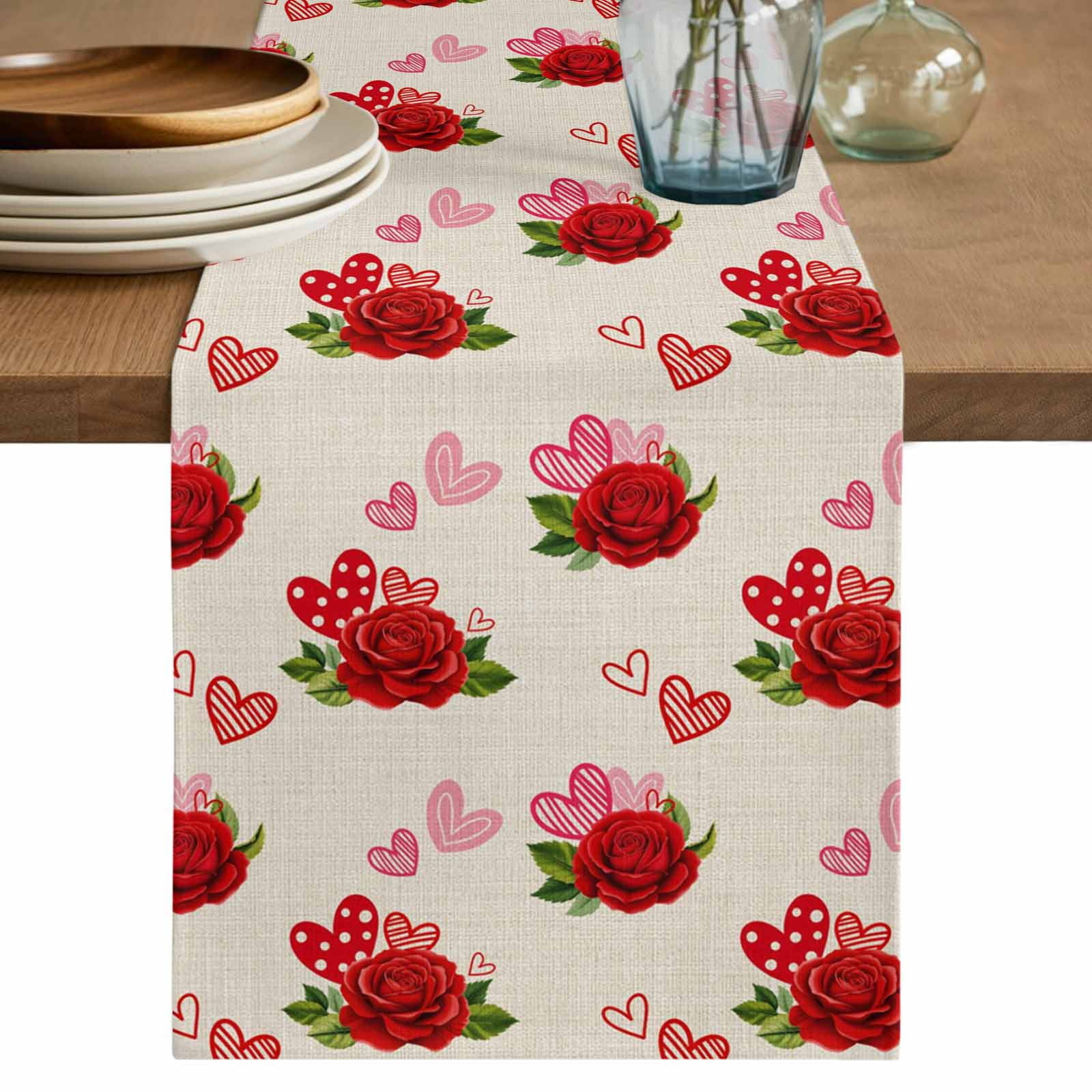 Red Roses Table Runner 60 Inches, Valentine's Day Love Floral Beige ...