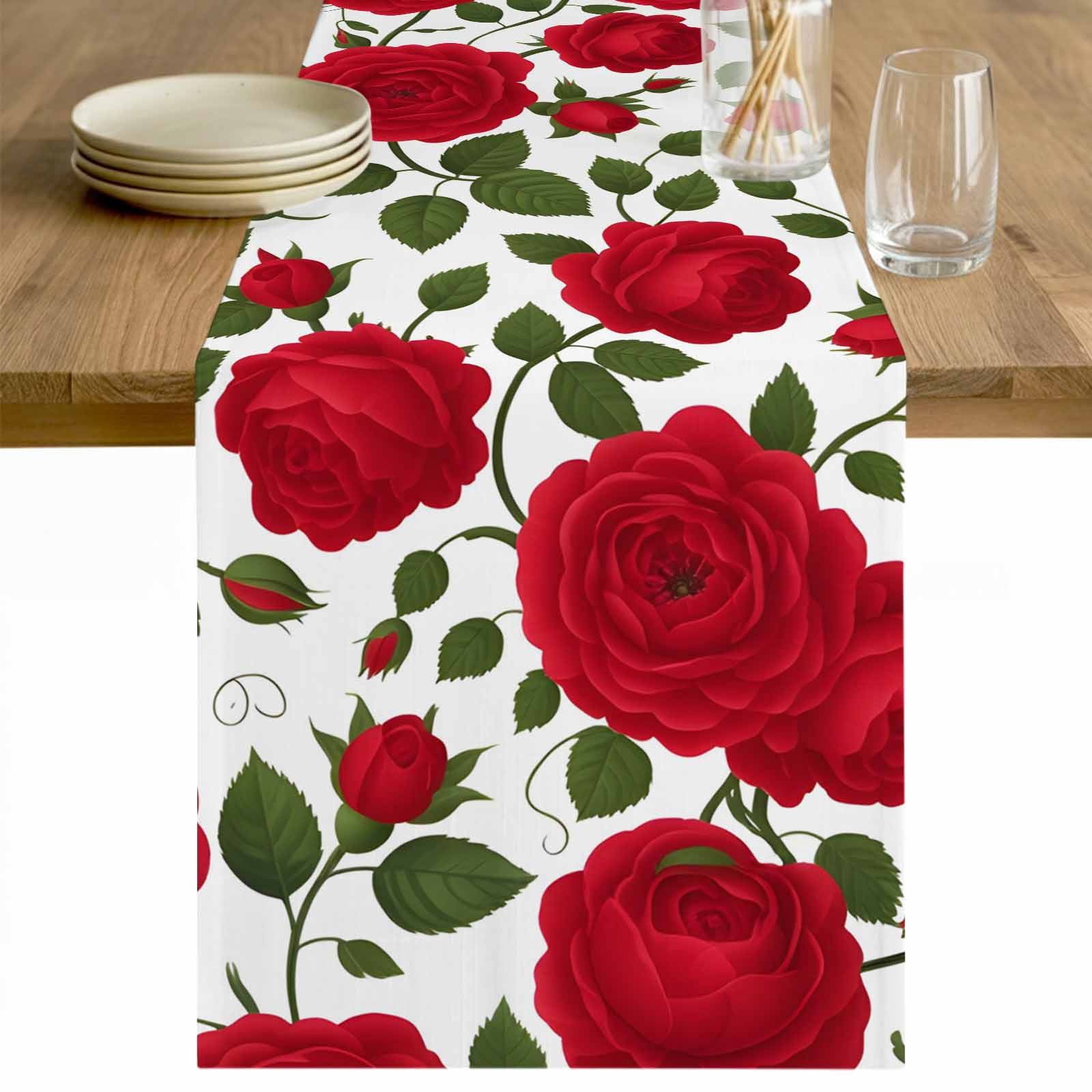 Red Roses Table Runner - 70 Inch Long Valentine's Day Flowers Leaves ...