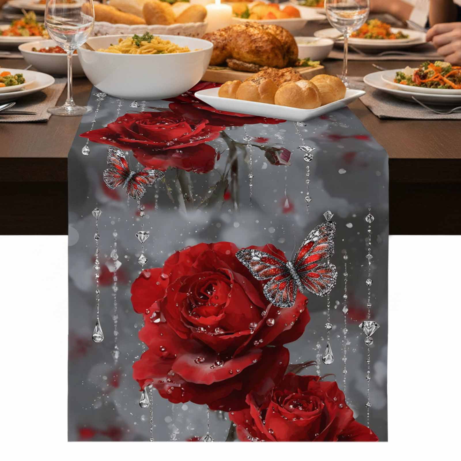 Red Roses Table Runner 72 Inch Long Dresser Scarves Cotton Linen ...