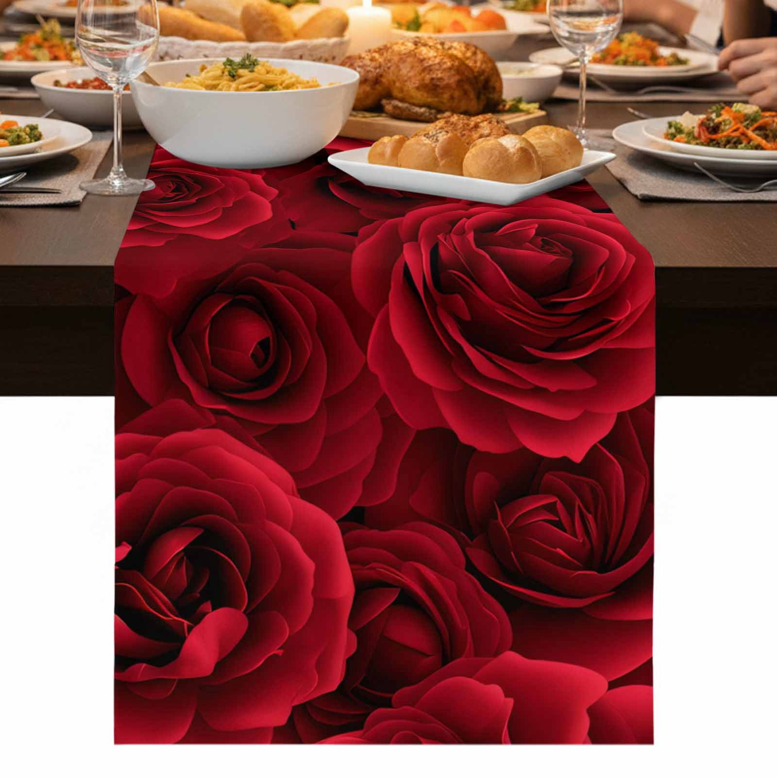 Red Roses Table Runner 72 Inch Long Dresser Scarves Cotton Linen ...