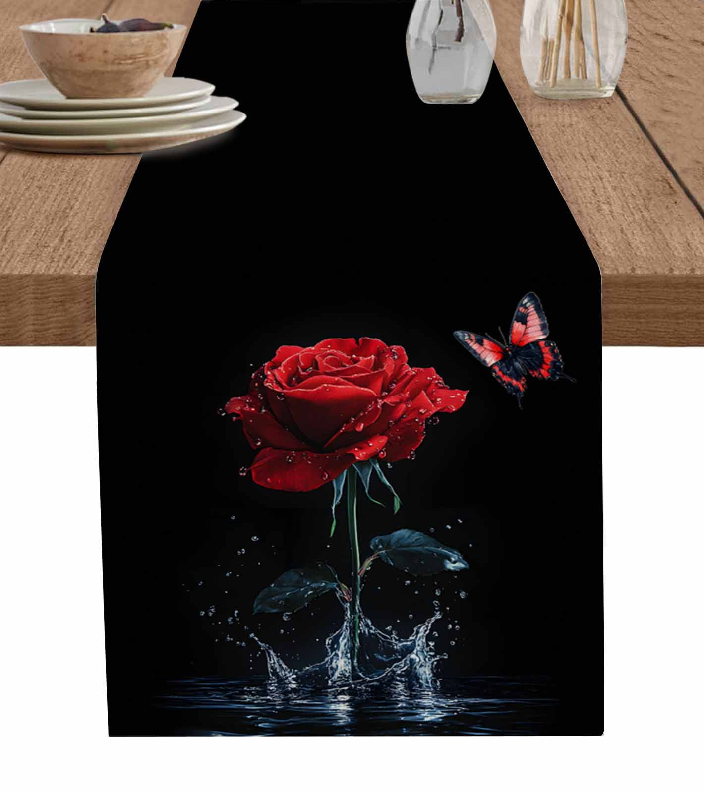 Red Roses Table Runner 72 Inches, Modern Art Splash Flowers Butterfly ...