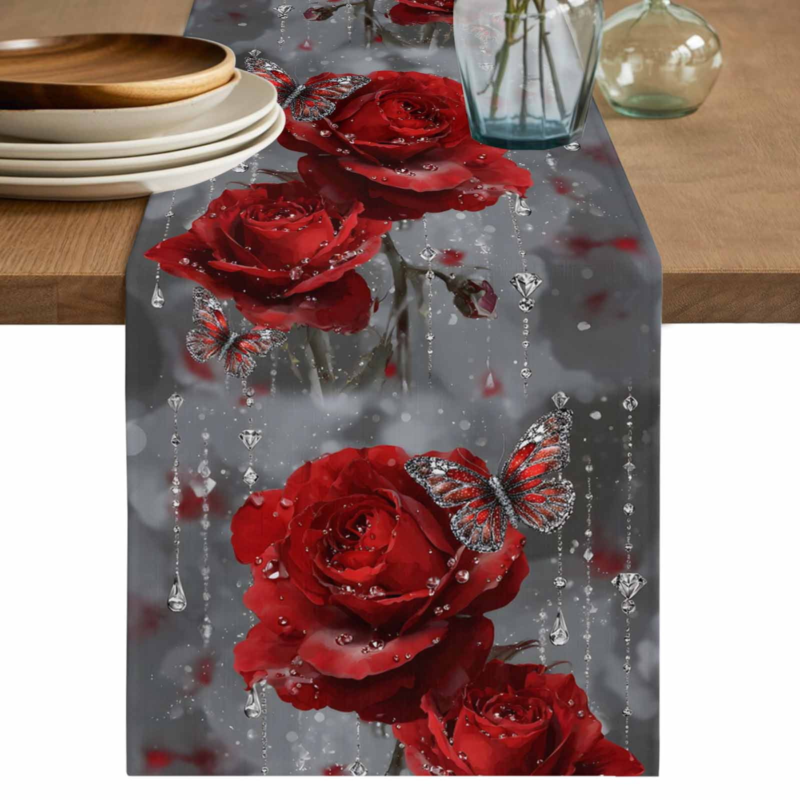 Red Roses Table Runner 72 Inches, Valentine's Day Crystal Butterflies ...