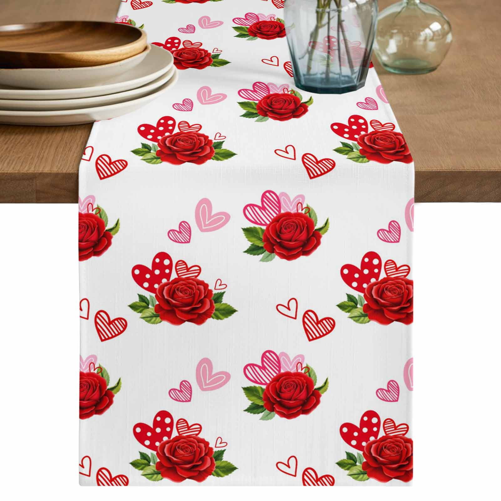 Red Roses Table Runner 72 Inches, Valentine's Day Floral Love White ...