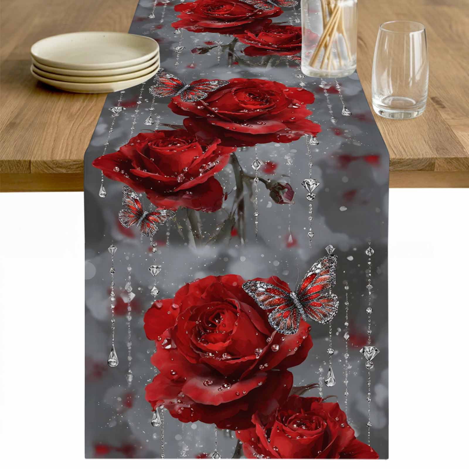 Red Roses Table Runner - 90 Inch Long Valentine's Day Crystal ...
