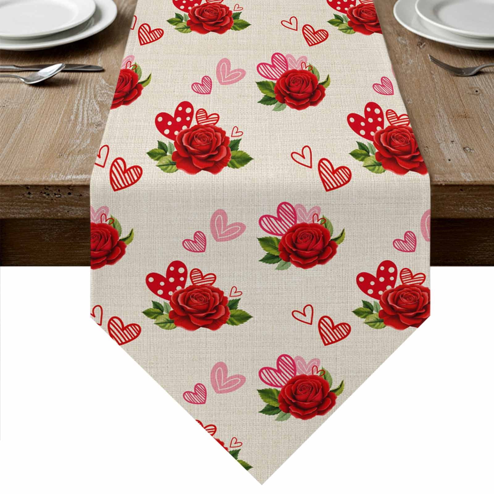 Red Roses Table Runner Linen Burlap Table Runner 120 Inches Long ...