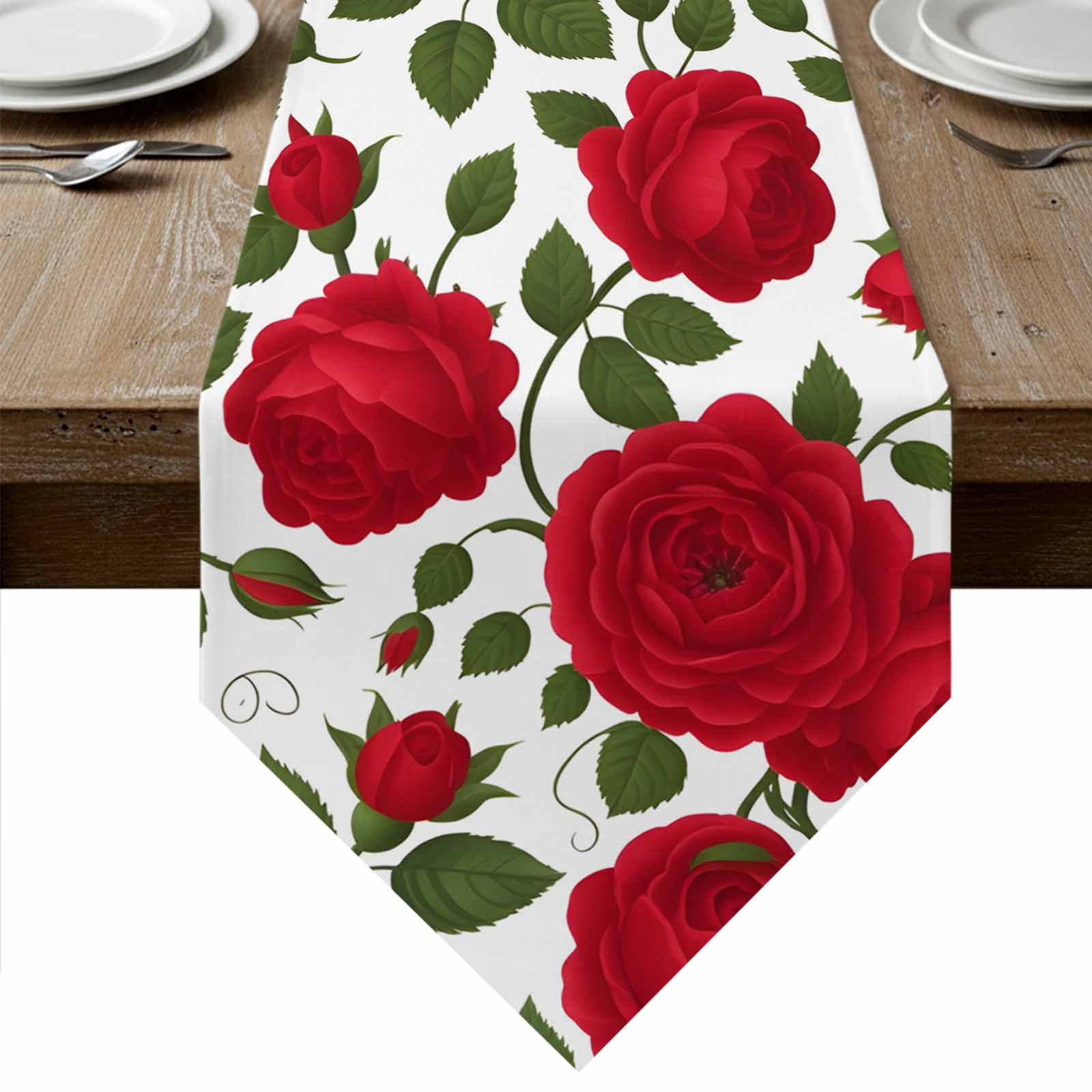 Red Roses Table Runner Linen Burlap Table Runner 90 Inches Long ...