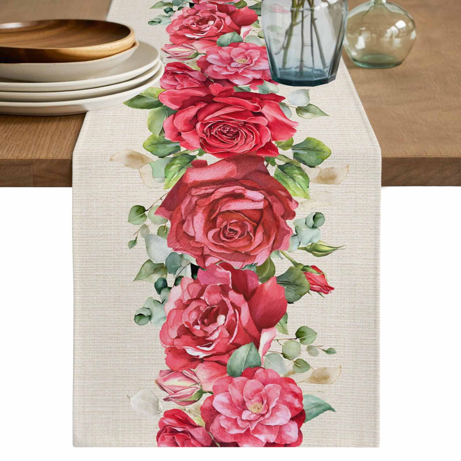 Red Roses Valentine's Day Table Runner 70 Inches, Eucalyptus Leaves ...
